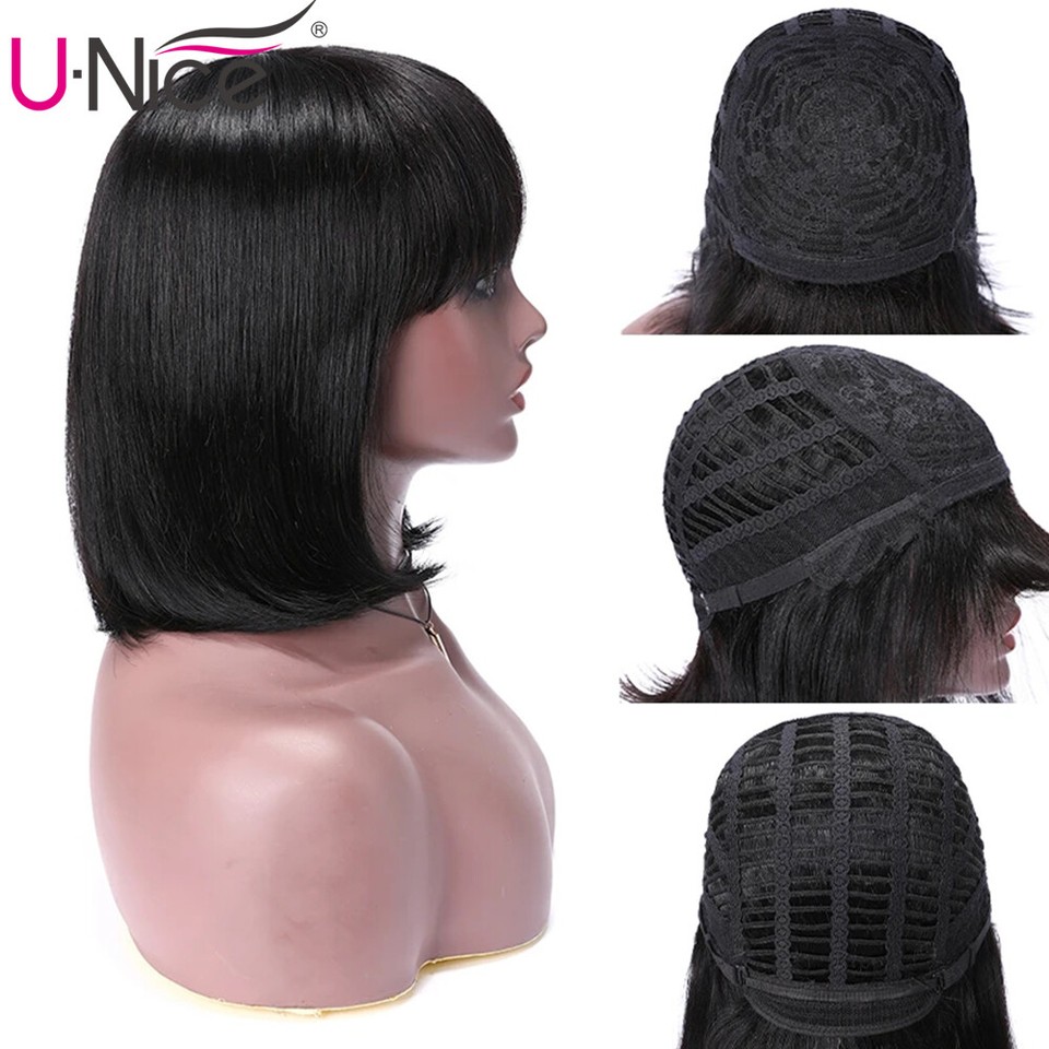 UNice Peruvian Short Bob Straight Human Hair Wigs with Bangs 10" 150% ...