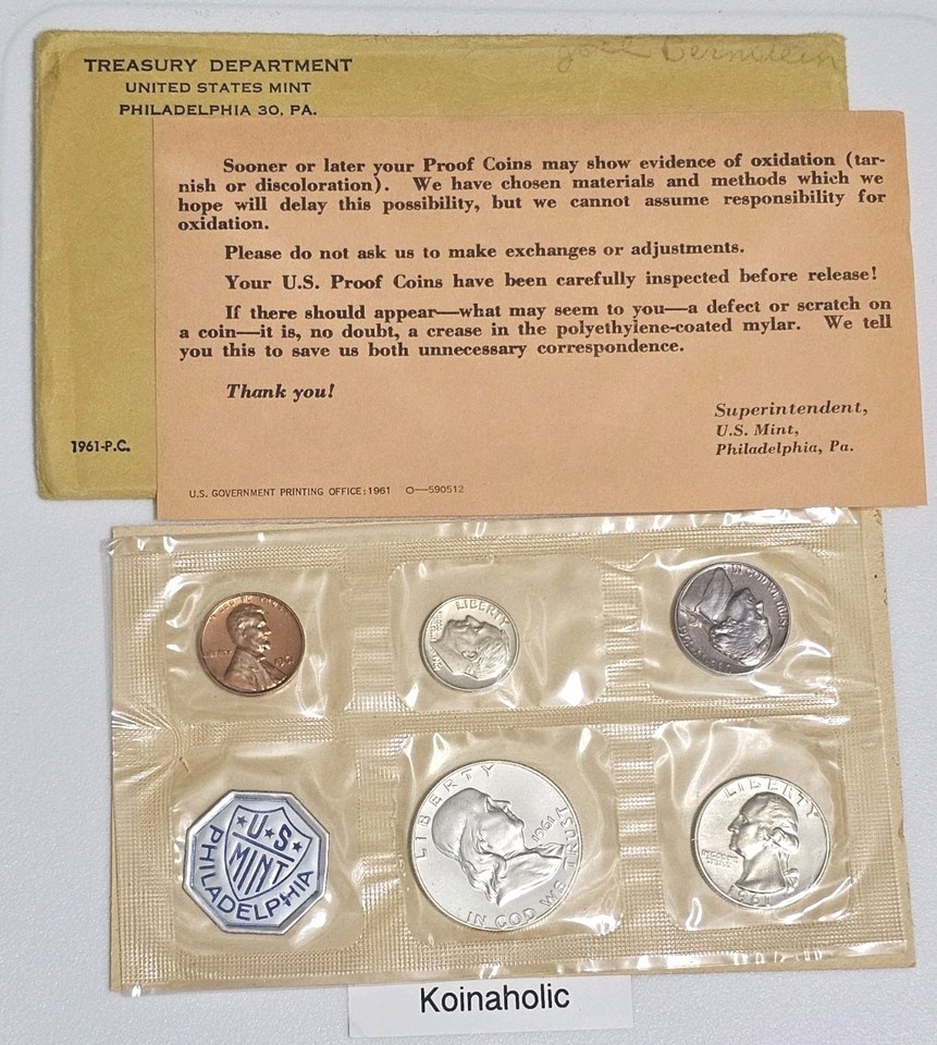 1961 Silver Proof Set 5 Total Coins Envelope and COA Fast SHIP | eBay