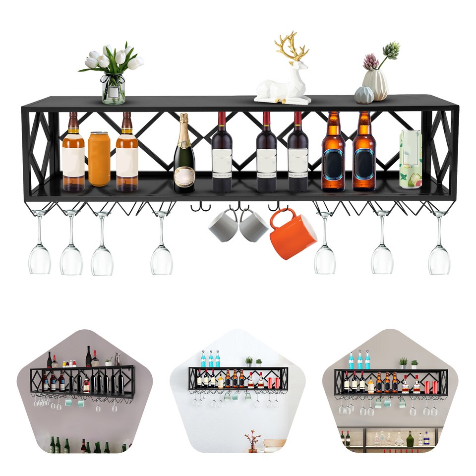 Wall-Mounted Inverted Wine Glass Rack Bar Unit Floating Shelves Bottle ...