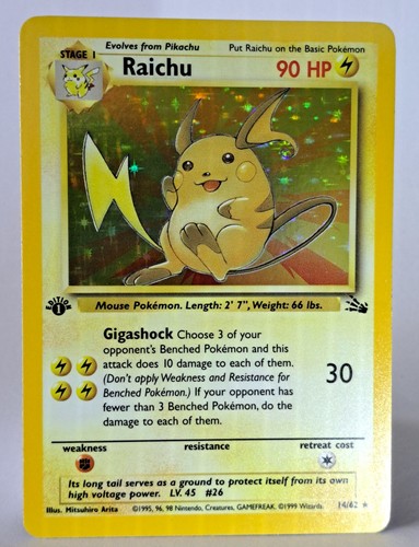1999 Pokemon Game Fossil Set 1st Edition Raichu Holo Rare 14/62 NM NICE ...