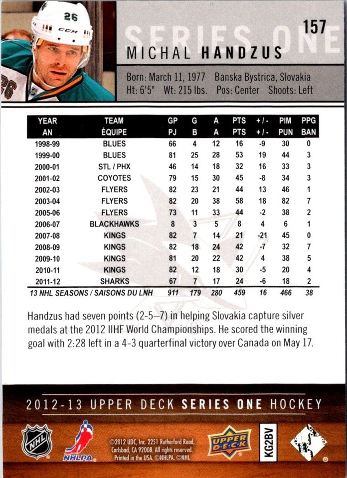 2012 Upper Deck Michal Handzus #157 San Jose Sharks Hockey Card | eBay