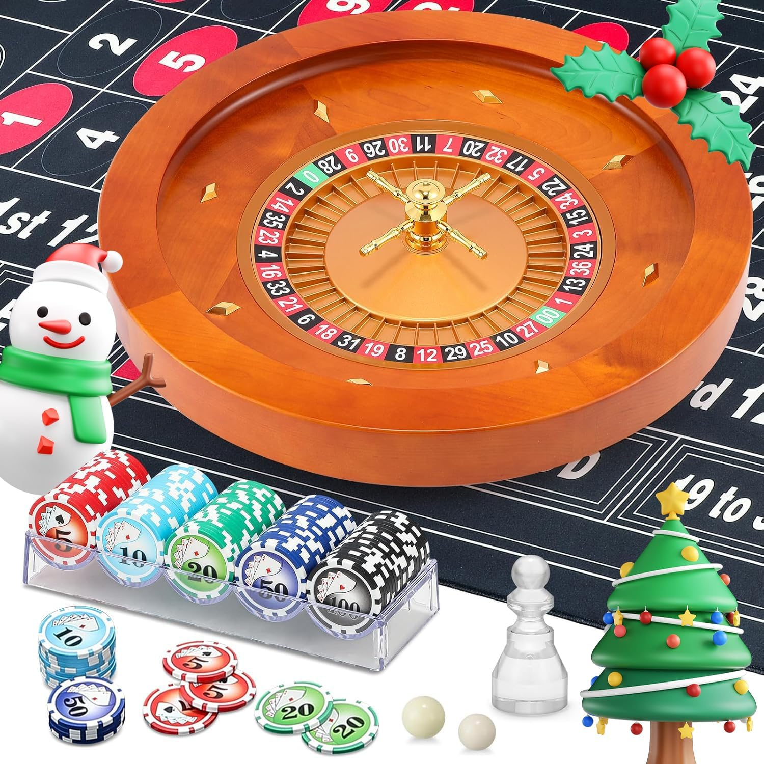 18" Wooden Roulette Wheel Set with Tablecloth & Poker Chips for Family ...