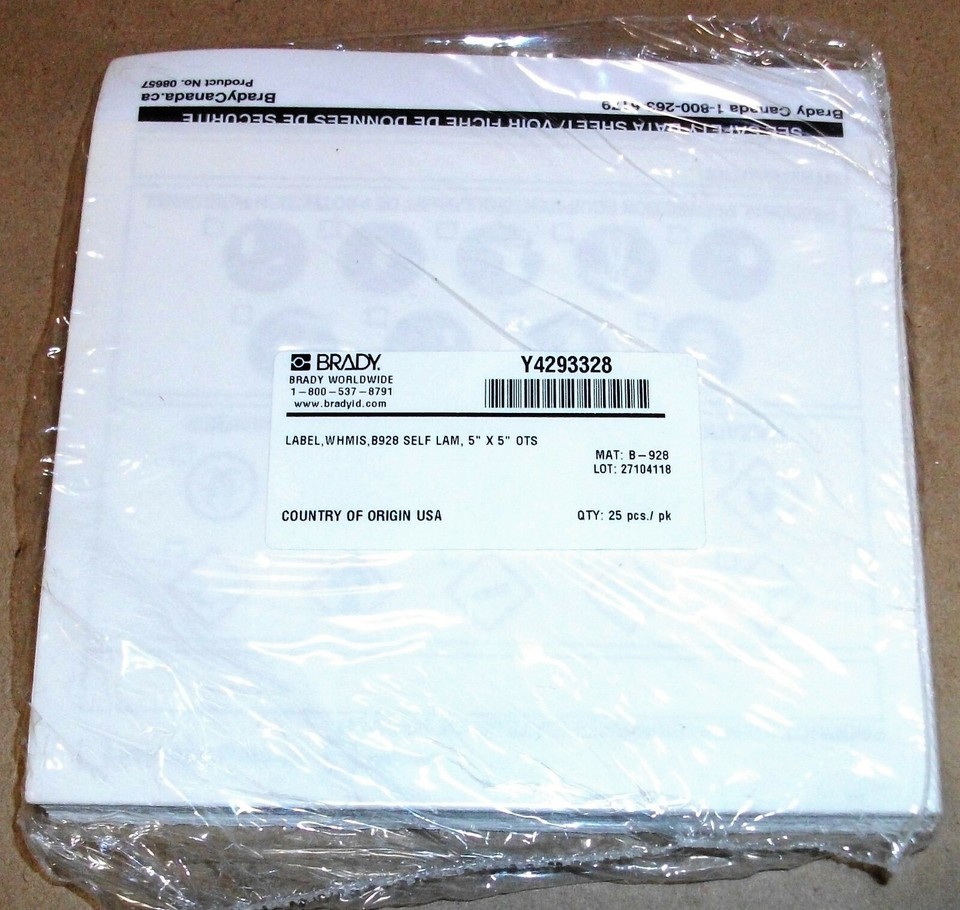 BRADY 08657 WHMIS 5" x 5" SELF LAMINATING LABEL Y4293328 25/PACK | eBay