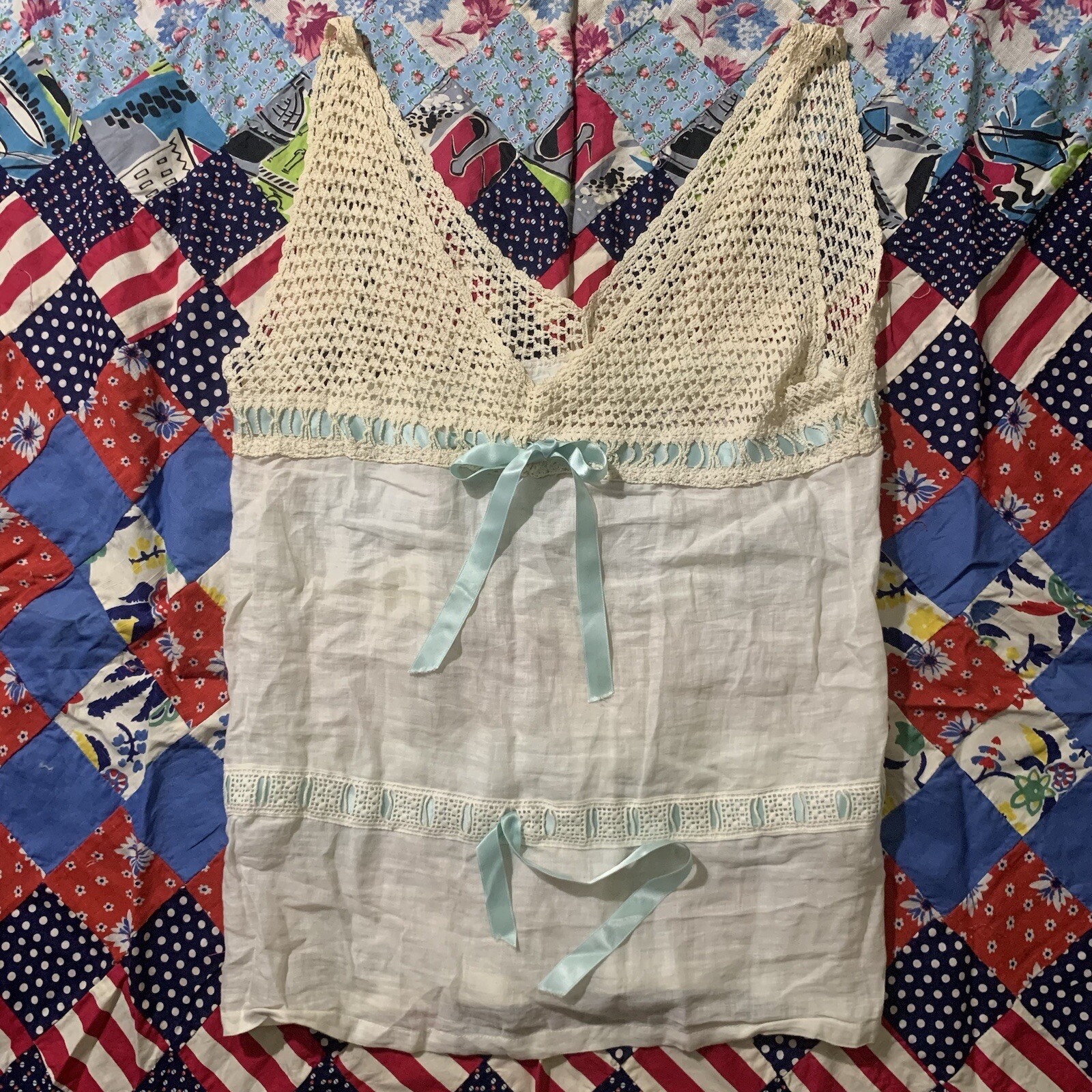 Antique Cream Crochet Cotton Lace & Ribbon Sleeveless… - Gem