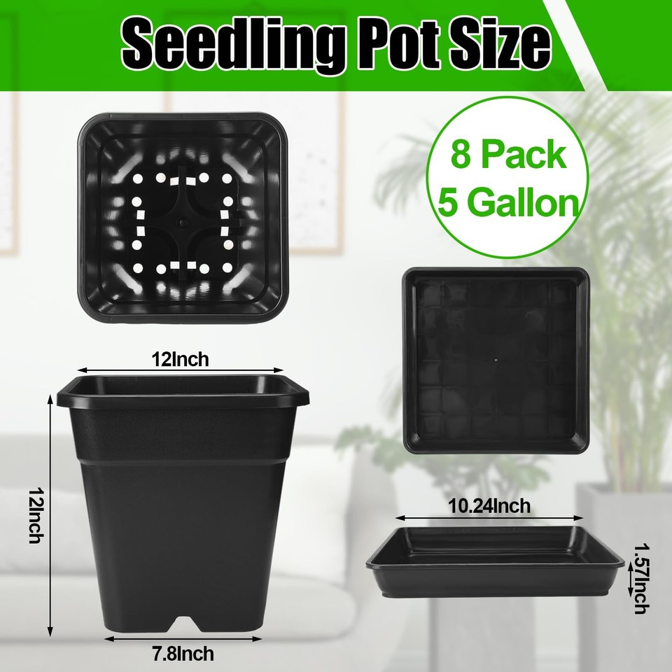 8 Pack 5 Gallon Large Square Nursery Pots 12 Inch with Drainage Saucers ...