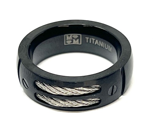 Titanium Ring Dual Cable Inlay Black Mens Wedding Band 8.5 mm Free ...