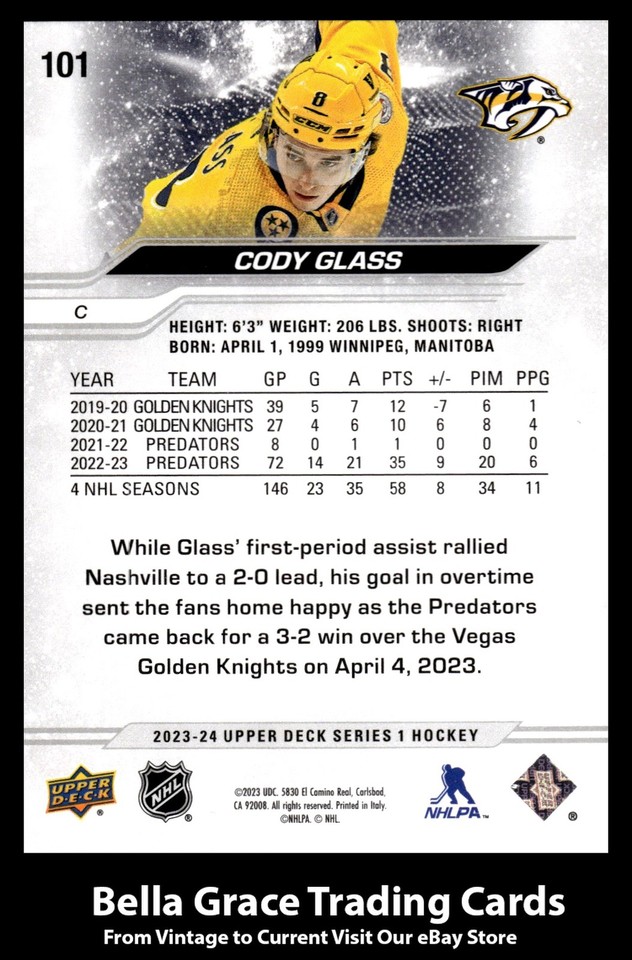 2023-24 Upper Deck Cody Glass #101 Nashville Predators NHL Hockey | eBay