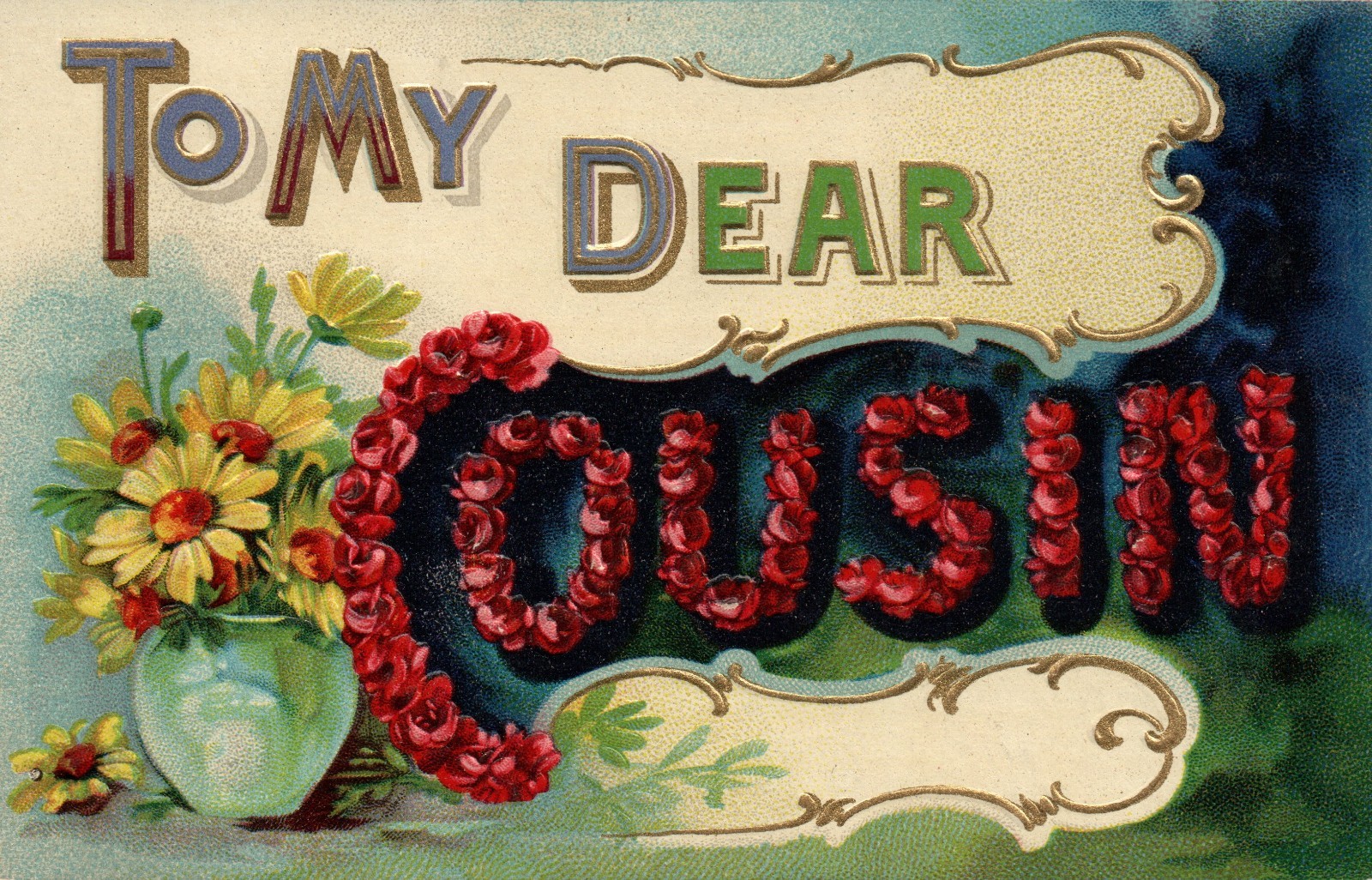 High Gloss To My Dear Cousin Red Roses Yellow Flowers Floral Embossed ...