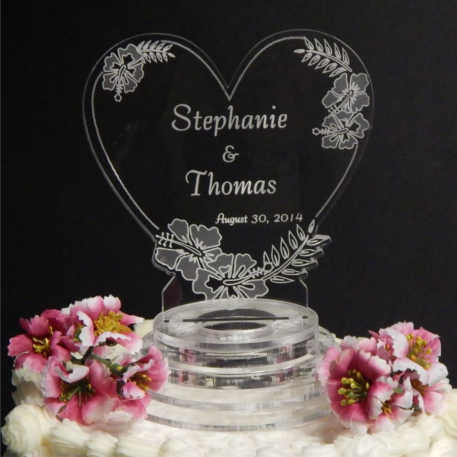 Beach Hibiscus Heart LED Lighted Wedding Cake Topper Acrylic Top Custom ...