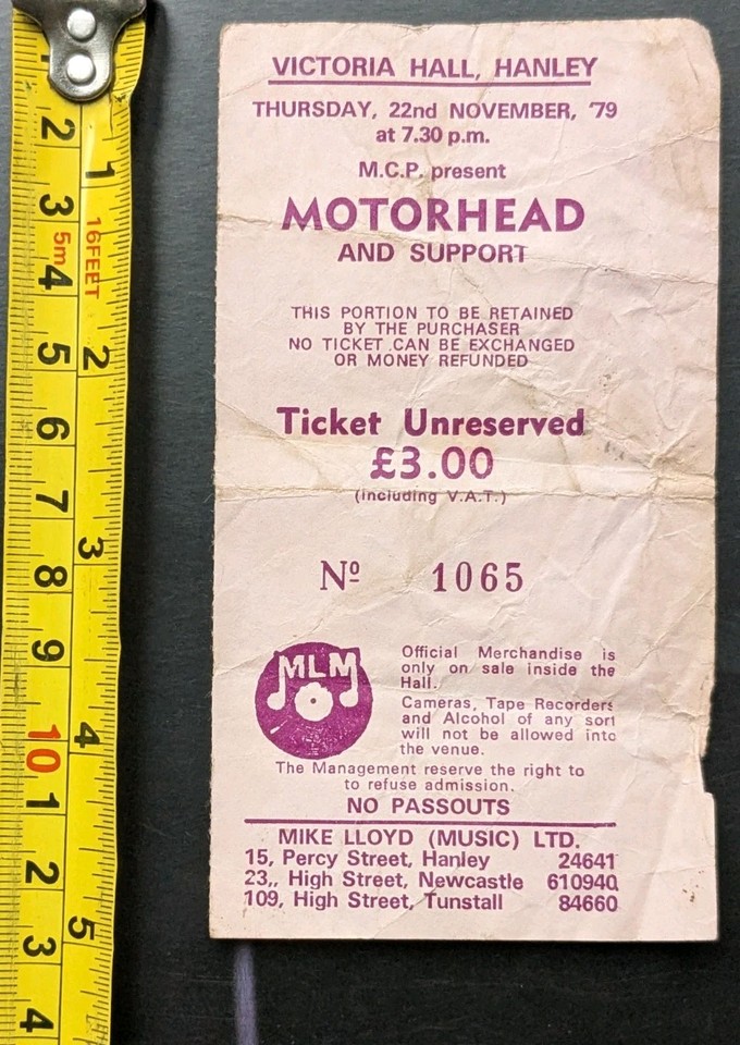 Motorhead Concert Ticket 1979 Victoria Hall Hanley Stoke on Trent Lemmy ...