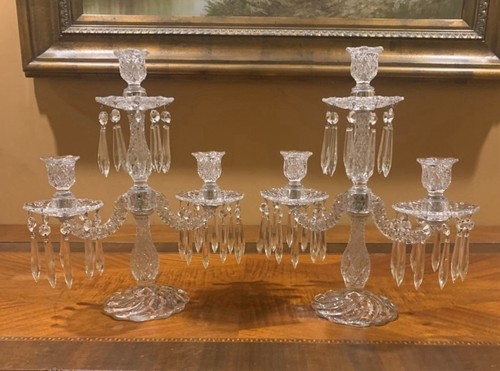 Vintage Pair Duncan Miller Sandwich Crystal Candelabra Set with Hanging ...