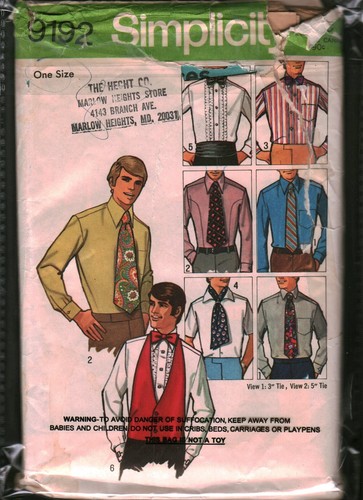 9192 Vintage Simplicity SEWING Pattern Mens 1970s Accessory Package Tie ...