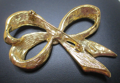 VINTAGE LARGE BOW SIGNED ROMAN GOLD TONE RHINESTONE TEXTURED RIBBON ...