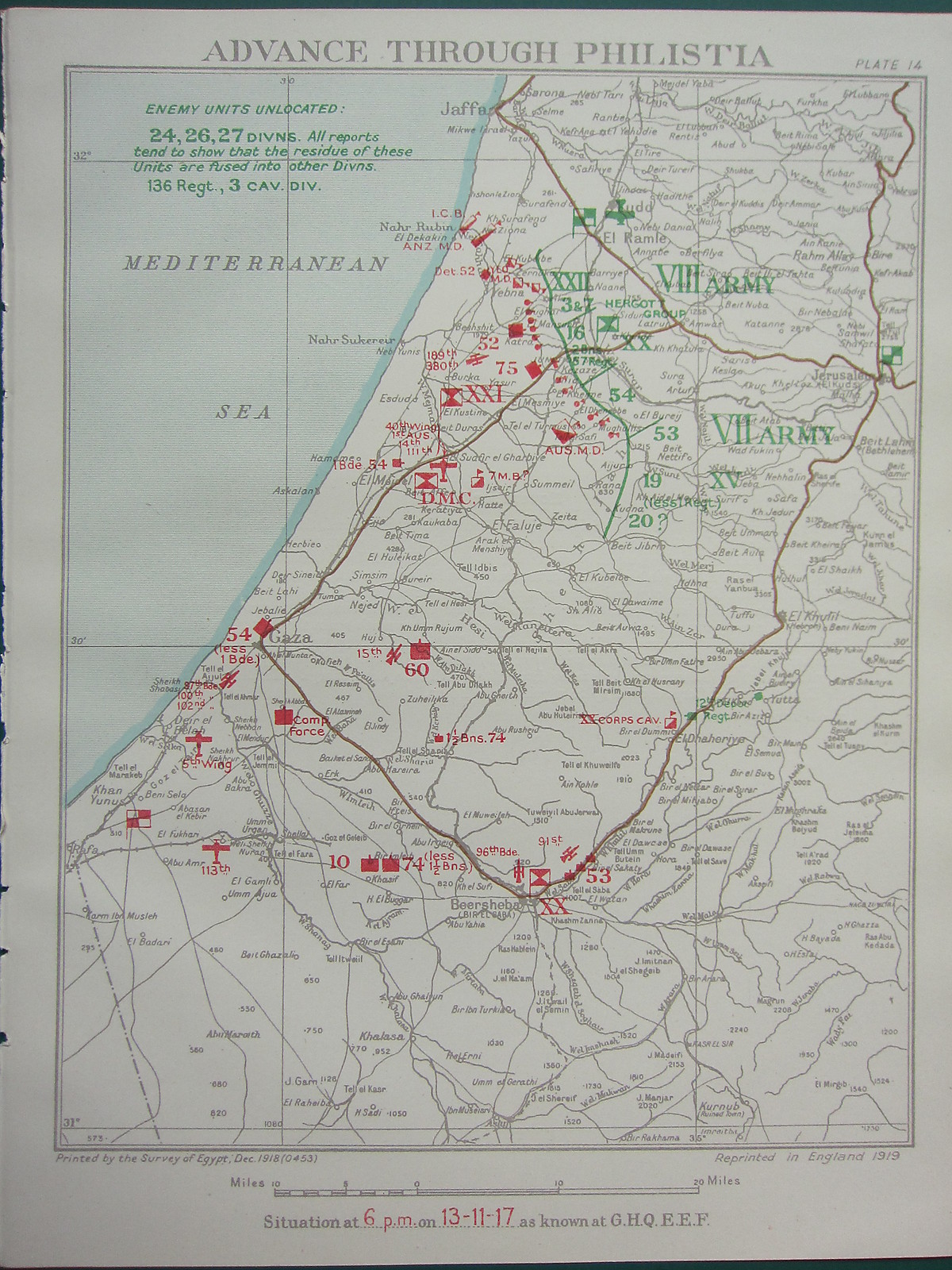 1918 WW1 EGYPTIAN EXPEDITIONARY FORCE ADVANCE THROUGH PHILISTIA 6pm NOV ...