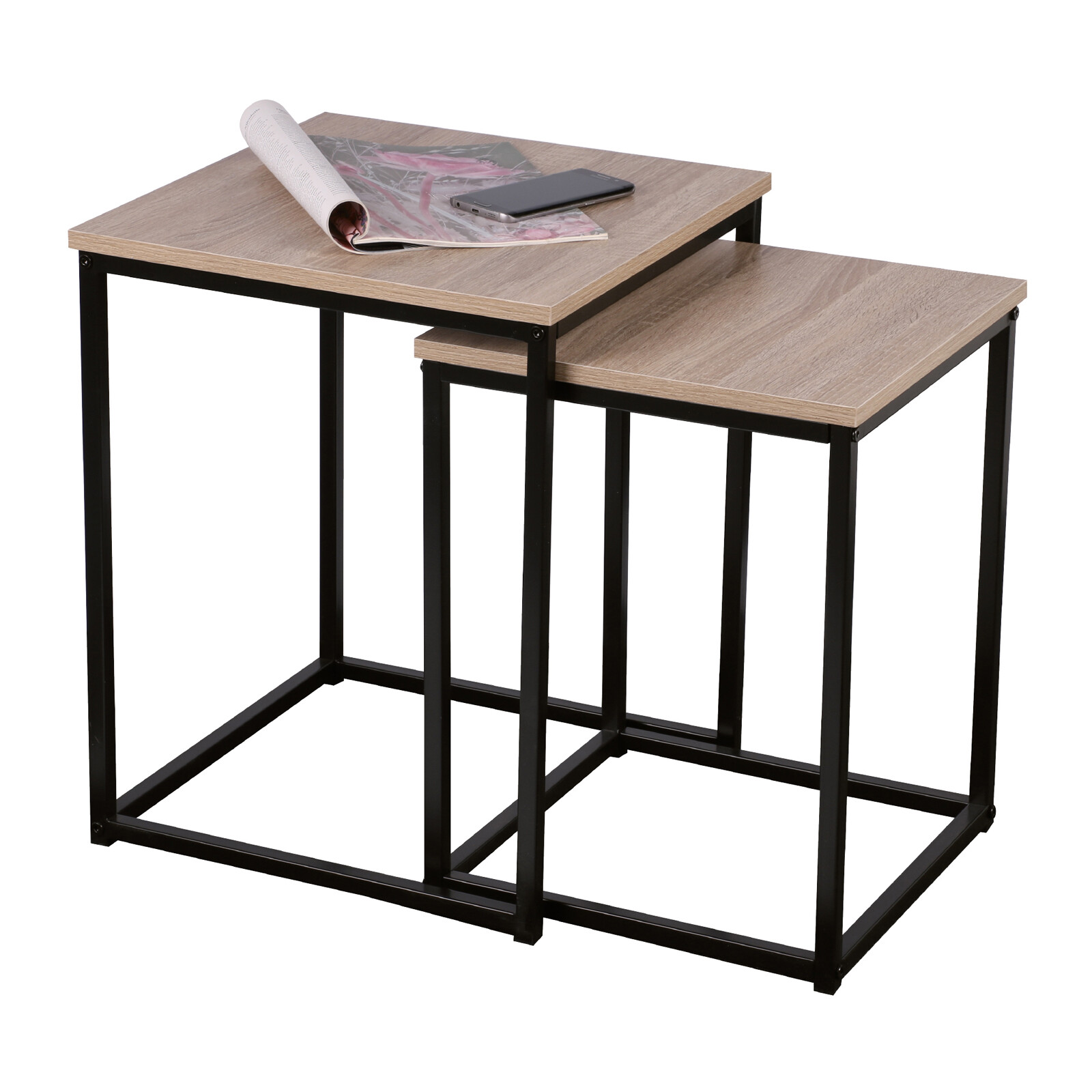 Nest of 2 Square Tables End Side Metal Legs Wooden Veneer Top ...