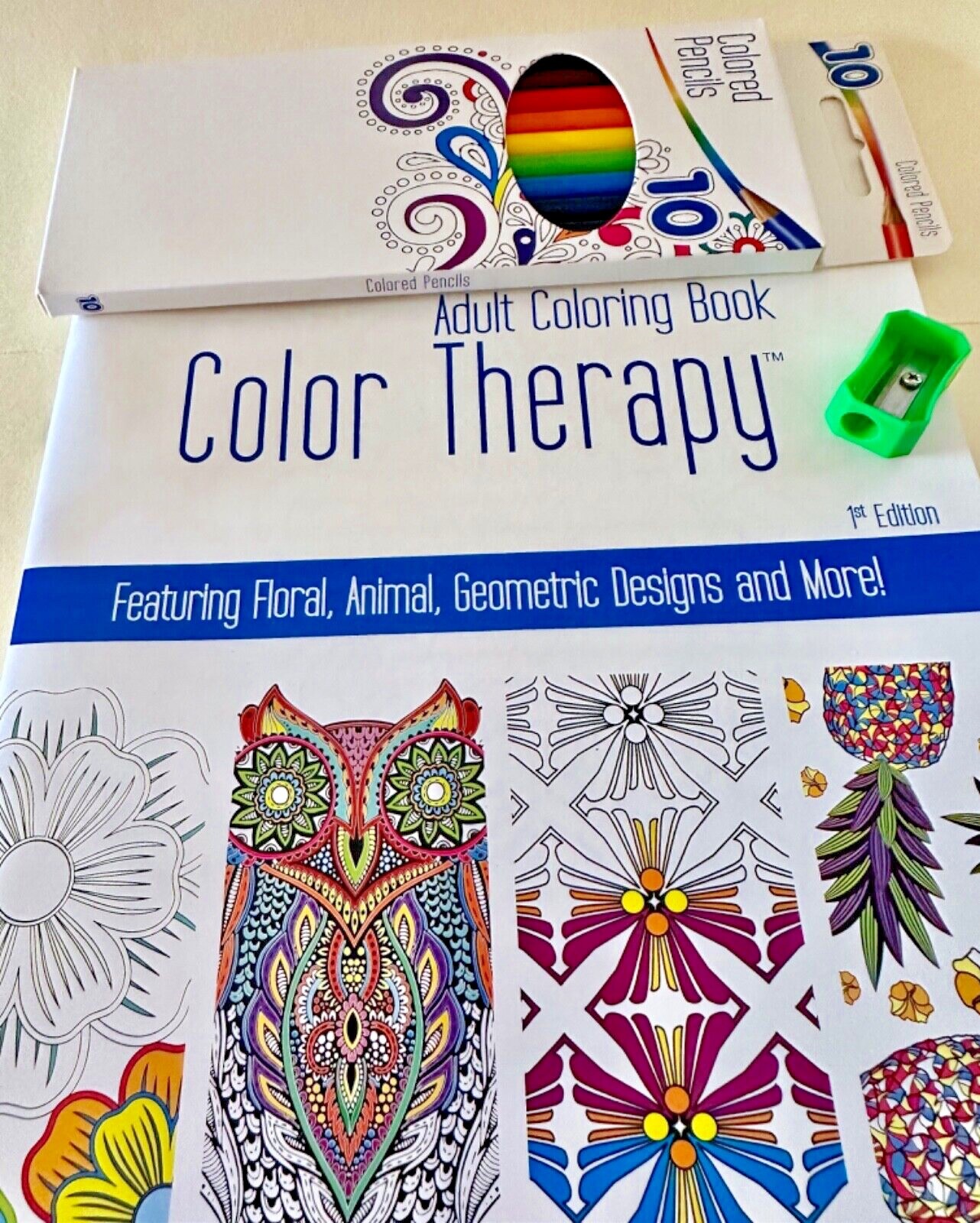 Set Adult Color Therapy Book 10 Colored Pencils 24 Pages Floral Animal ...