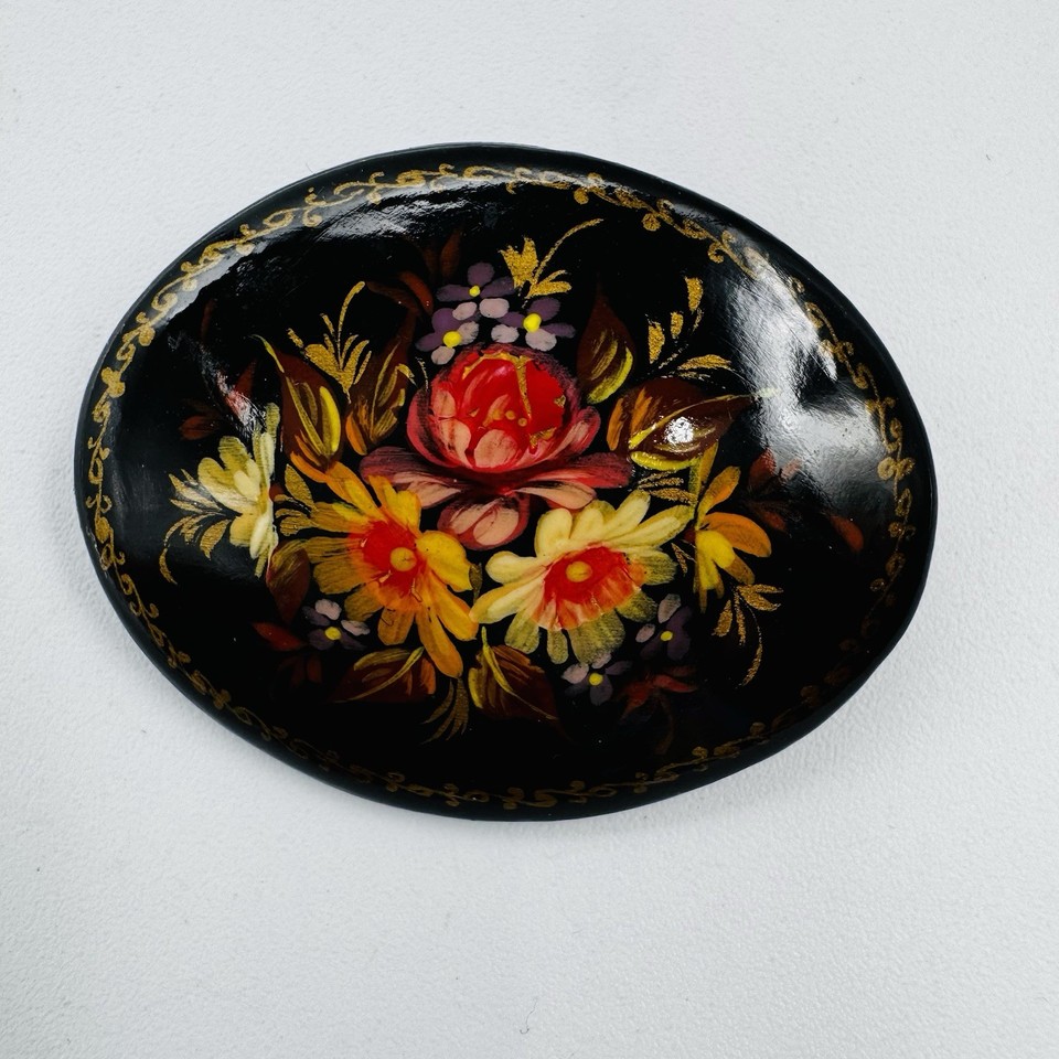 Hand Painted Floral Brooch Russian Signed VTG 1991 Black Lacquer Black ...