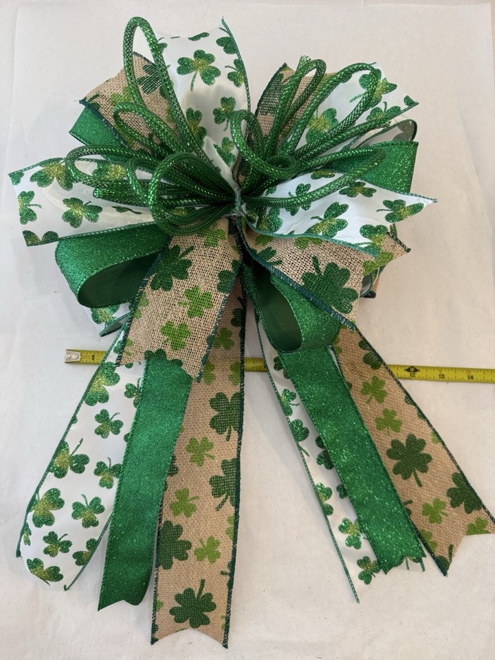 St Patrick’s Handmade Bow Irish Shamrock Wired Ribbon Green White ...