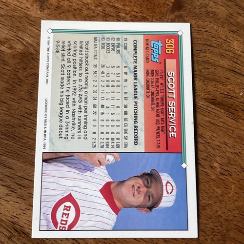 Scott Service Autographed 1994 Topps Baseball Card #306 Cincinnati Reds ...