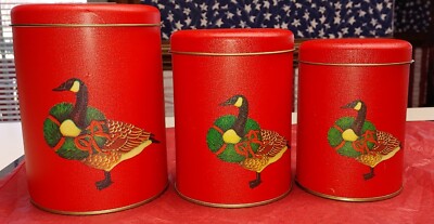 Red 3-pc Duck Metal Canisters Storage Cans, Small Med & LG. New. | eBay