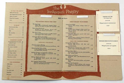 1970 Vintage Menu THE INNKEEPER'S PANTRY Colonial Hilton Inn ...
