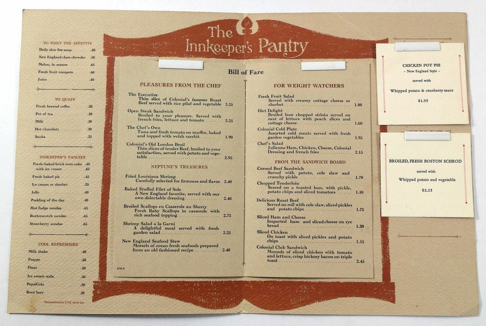 1970 Vintage Menu THE INNKEEPER'S PANTRY Colonial Hilton Inn ...