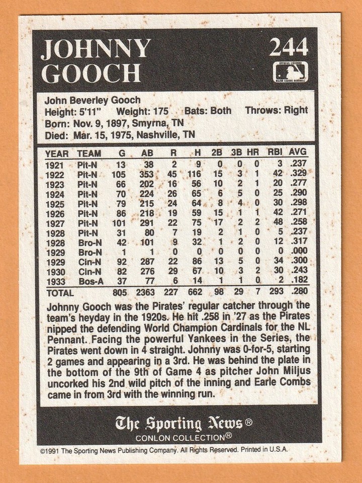 1991 Sporting News Conlon Collection Johnny Gooch Pittsburgh Pirates ...