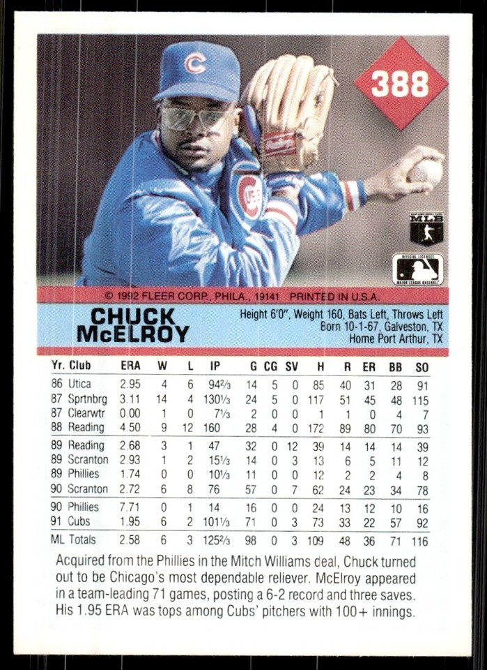 1992 Fleer Baseball Card Chuck McElroy Chicago Cubs #388 | eBay