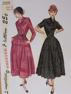 Late 40s Simplicity Fitted Bodice dress B31" #2959 Shawl collar | eBay