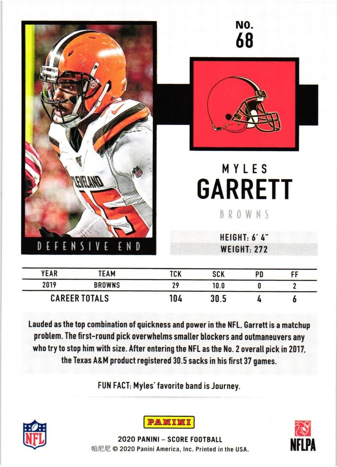 2020 PANINI SCORE MYLES GARRETT PURPLE #68 CLEVELAND BROWNS | eBay