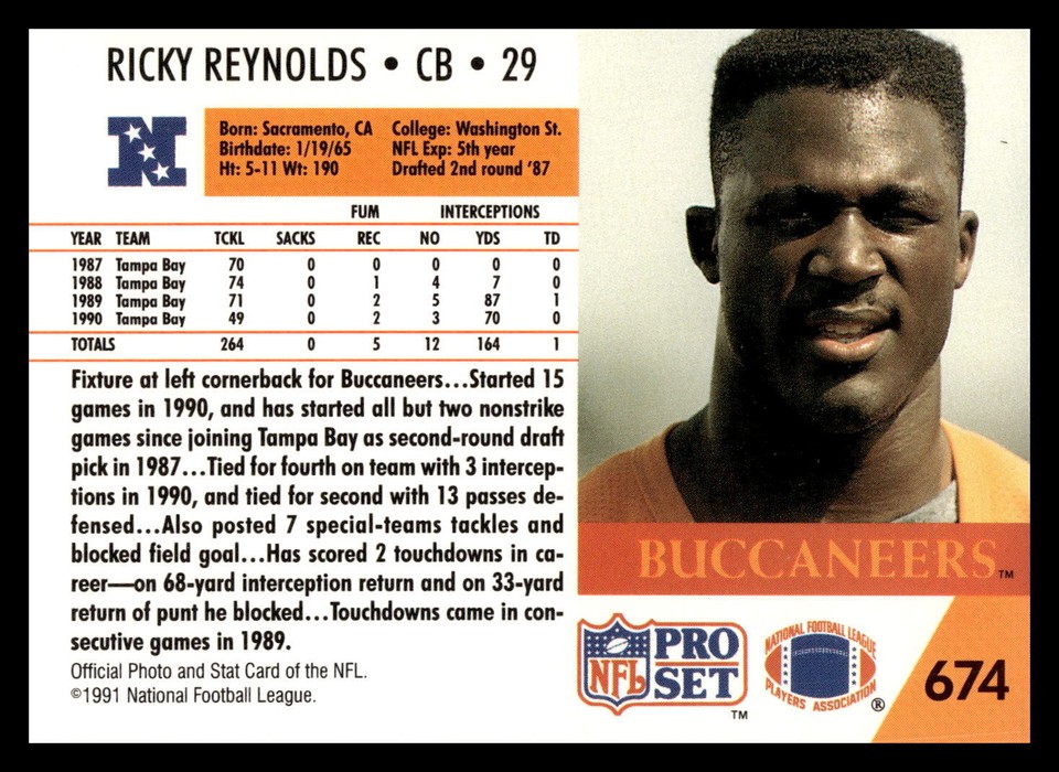 1991 Pro Set #674 Ricky Reynolds Tampa Bay Buccaneers Football Card EX ...