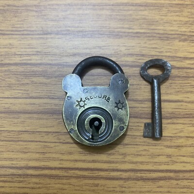 BRASS MINIATURE PADLOCK OR LOCK WITH KEY, OLD OR ANTIQUE, HEART SHAPED ...