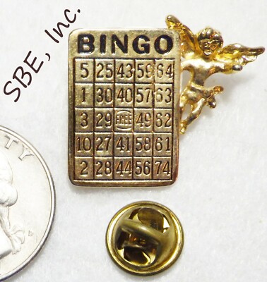 Signed SBE, INC. Lucky Bingo Card Lapel Pin w/Cherub/Winged Angel, 1 1/ ...