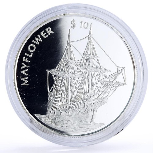 Liberia 10 dollars Seafaring Mayflower Ship Clipper proof silver coin ...