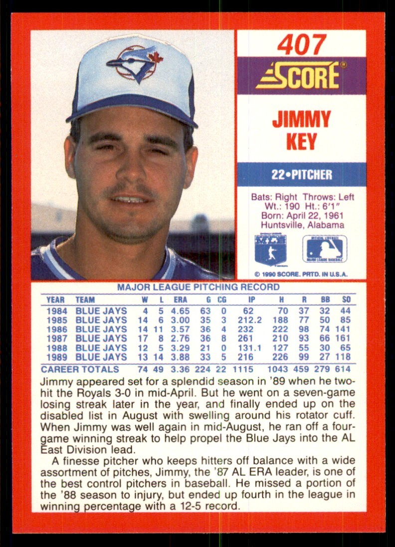1990 Score Jimmy Key Baseball Cards #407 | eBay