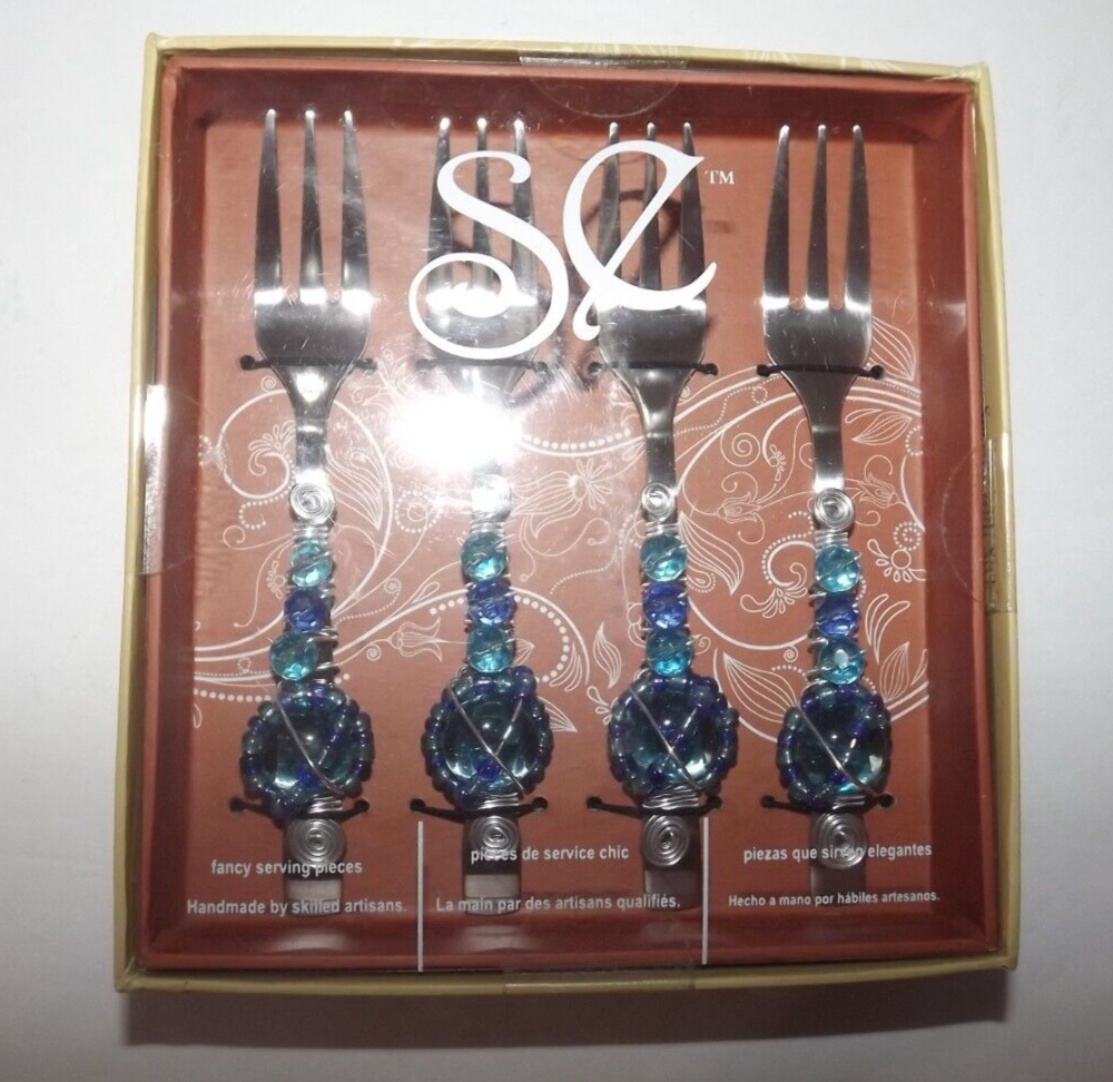 Handcrafted Stainless Steel 4 Dessert Forks Blue Round Facetted Beads on Handles | eBay