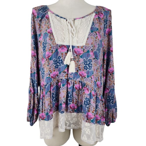 Matilda Jane Peasant Floral Boho Flowy Top Lace Hem Tassels Woman's ...