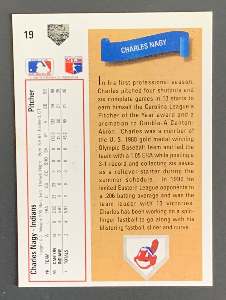1991 Upper Deck Charles Nagy Autographed Card Rookie Cleveland Indians ...
