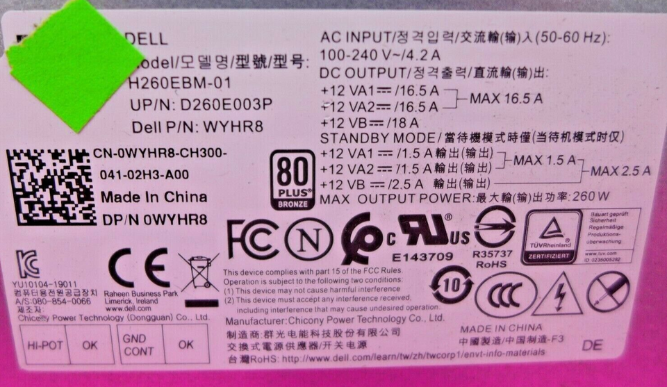 Genuine Dell 7080MT 7070 7060 3050M 260W Power Supply H260EBM-01 WYHR8 ...