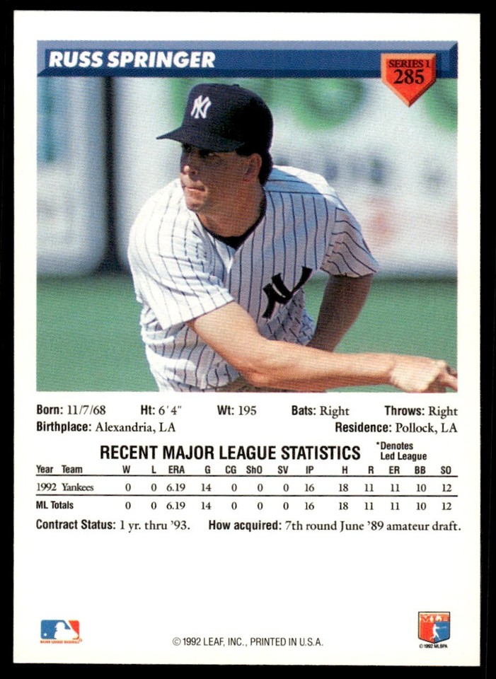 1993 Donruss Baseball Card Russ Springer New York Yankees #285 | eBay