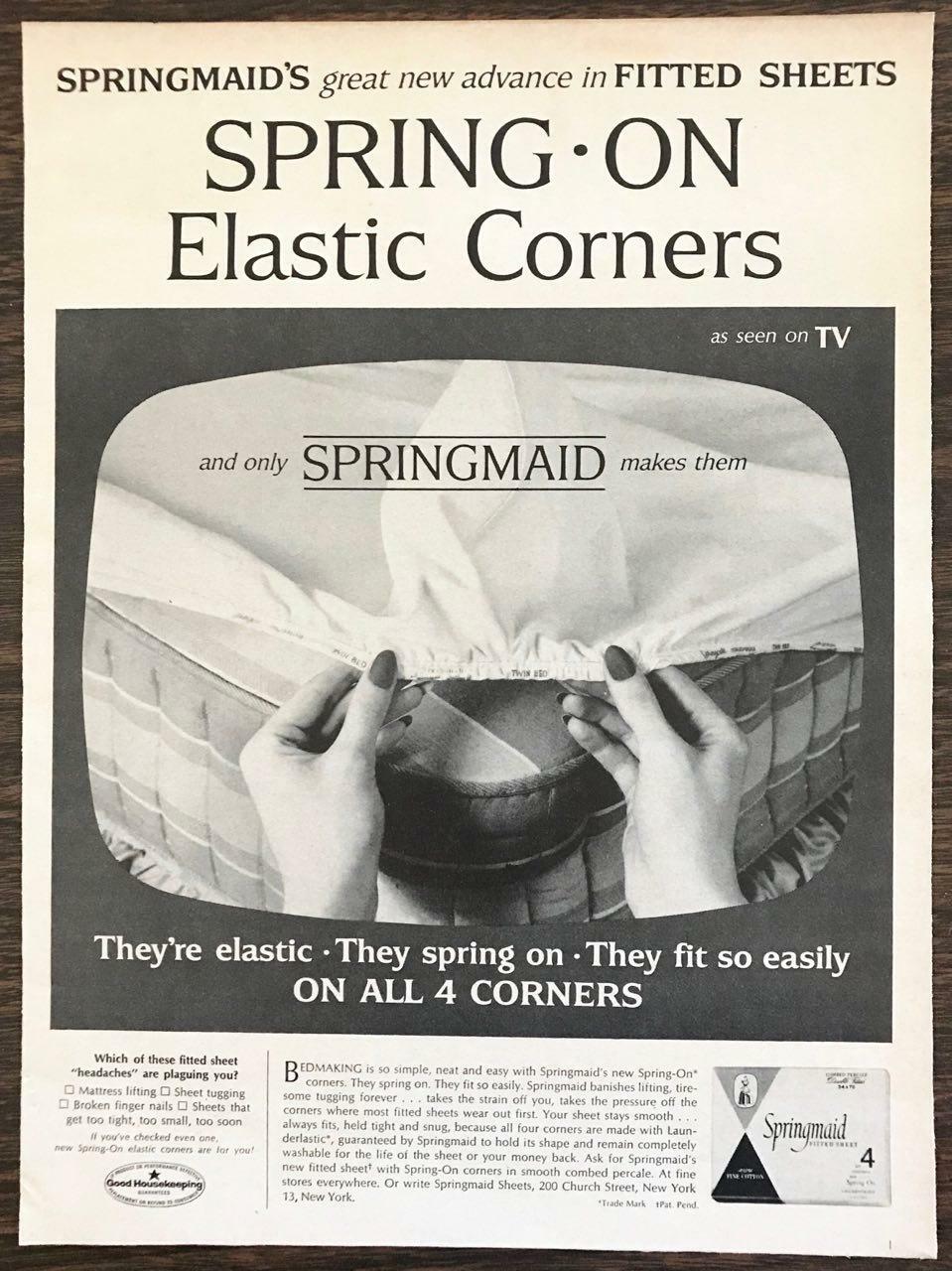 1962 Springmaid Fitted Sheets Print Ad Elastic Fit Easily on All 4 ...