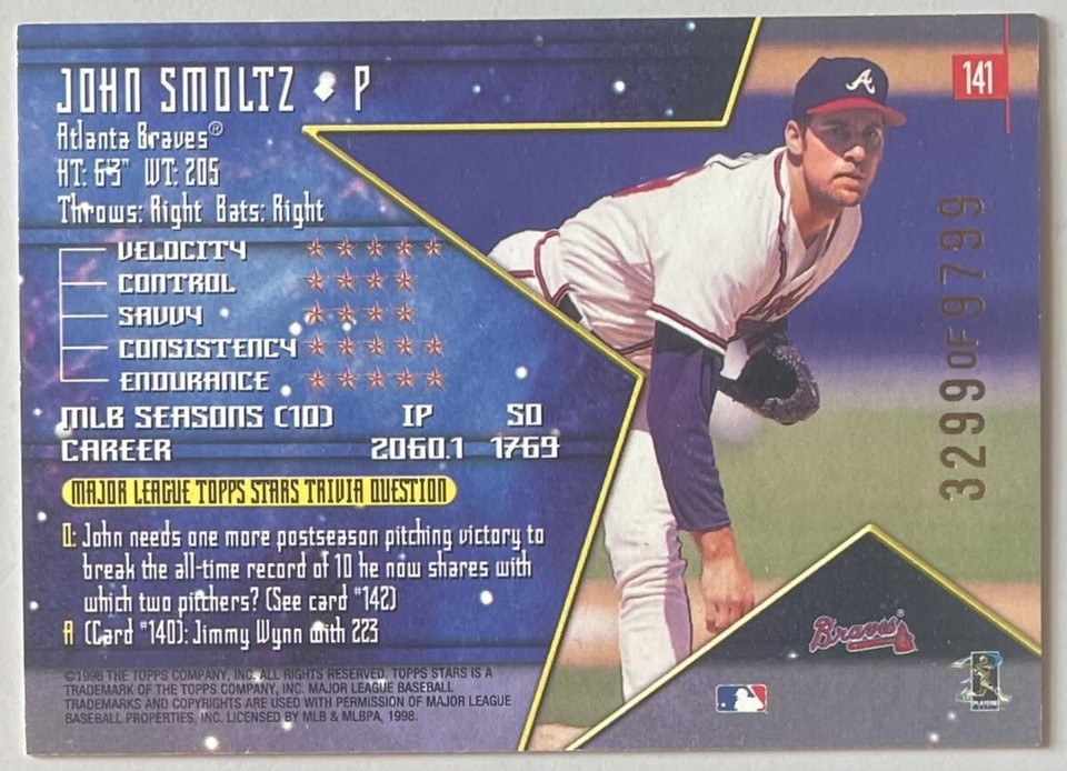 JOHN SMOLTZ, 1996 TOPPS "STARS" CARD, BASEBALL LEGEND ! 3299/9799 | eBay