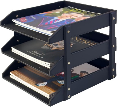 UnionBasic 3-Layer Document Paper Letter Tray, Faux Leather Desktop ...