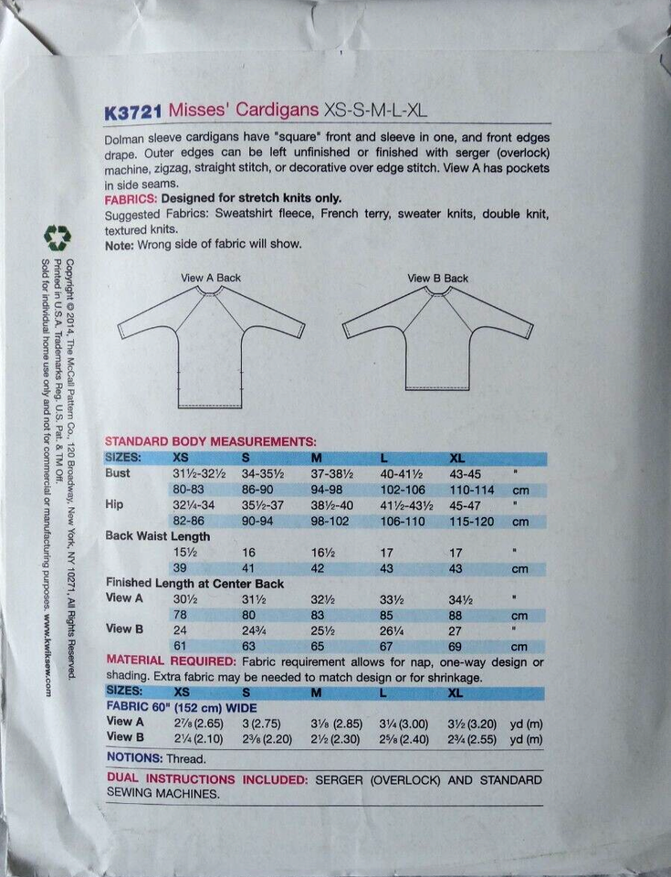 Kwik Sew Women Cardigan & Duster Jacket Pattern Dolman Sleeves 3721 ...