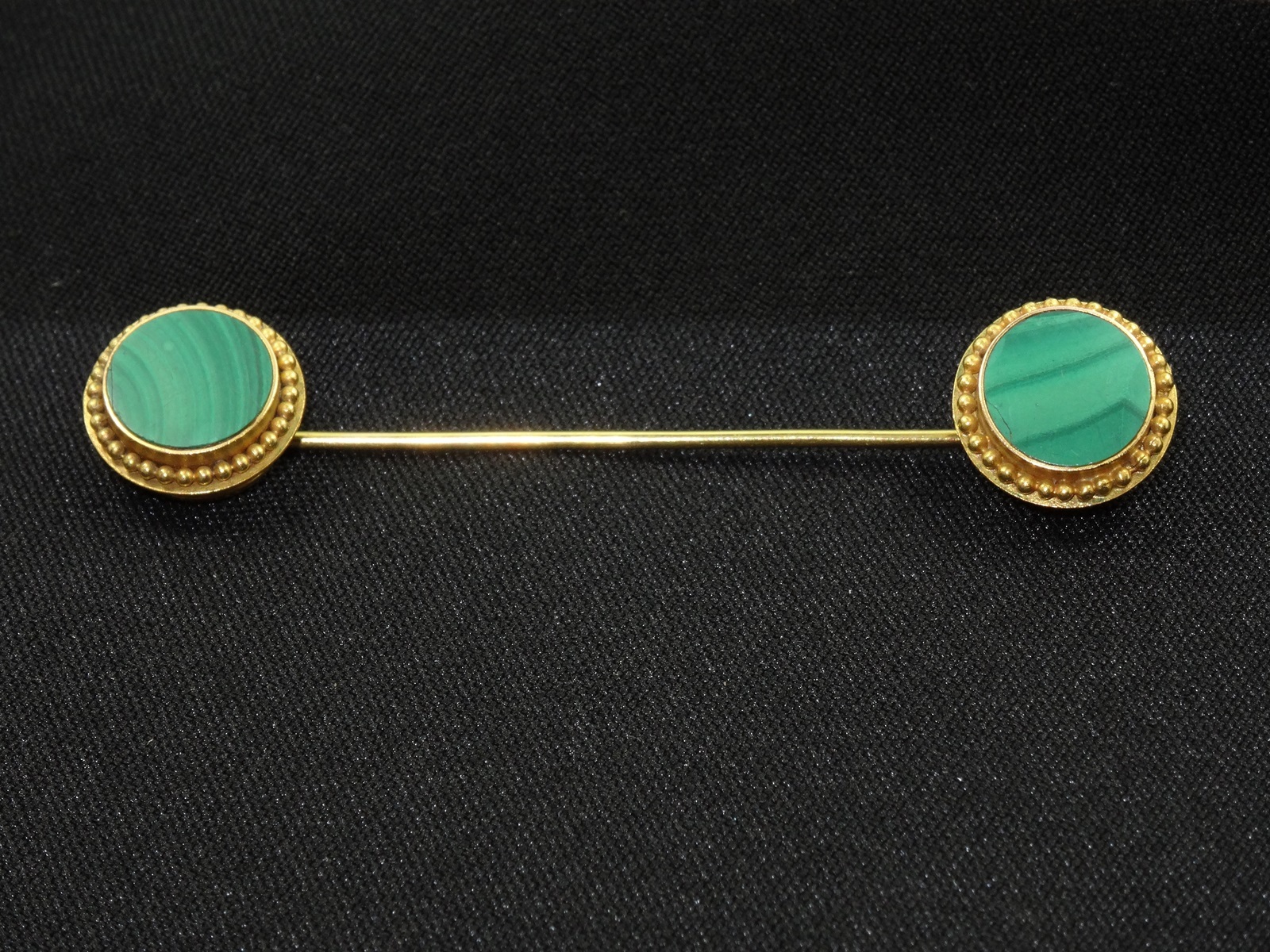 VICTORIAN SOLID 14K GOLD DOUBLE ENDED SCARF PIN w/ MALACHITE 3.25" / 10 ...