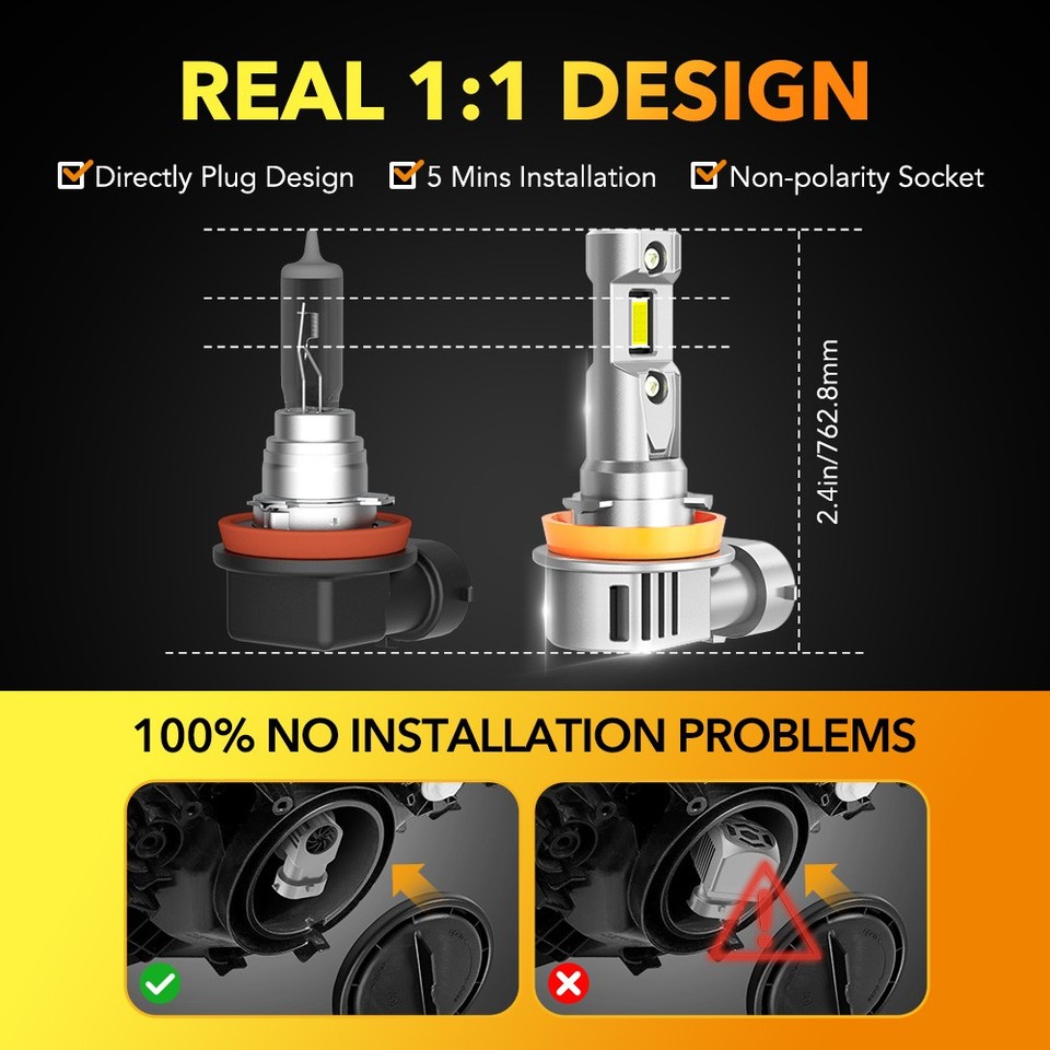 Oxilam H11 Headlight LED High Beam Low Bulbs 6500K Bright Super White ...