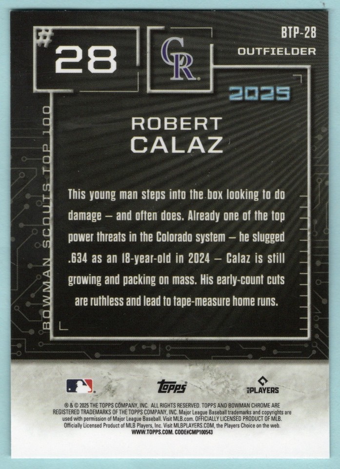 2025 TOPPS BOWMAN SCOUTS TOP 100 CARD - BTP-28 Robert CALAZ (COLORADO ...