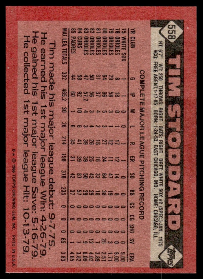 1986 Topps Baseball Card Tim Stoddard A San Diego Padres #558 | eBay