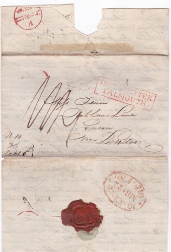 1820 SHIP INDIA LETTER FALMOUTH TO LONDON 10 0'CLOCK TRIMMED PART ...