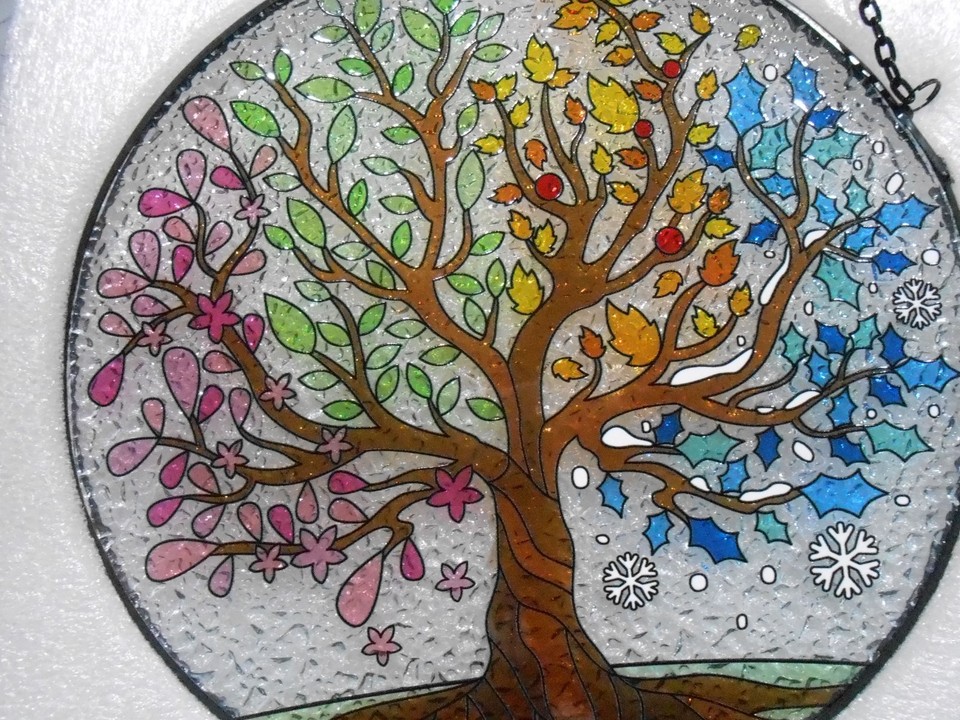 Big Tree of Life Suncatcher Acrylic Stained Glass Window Hanging Winter ...